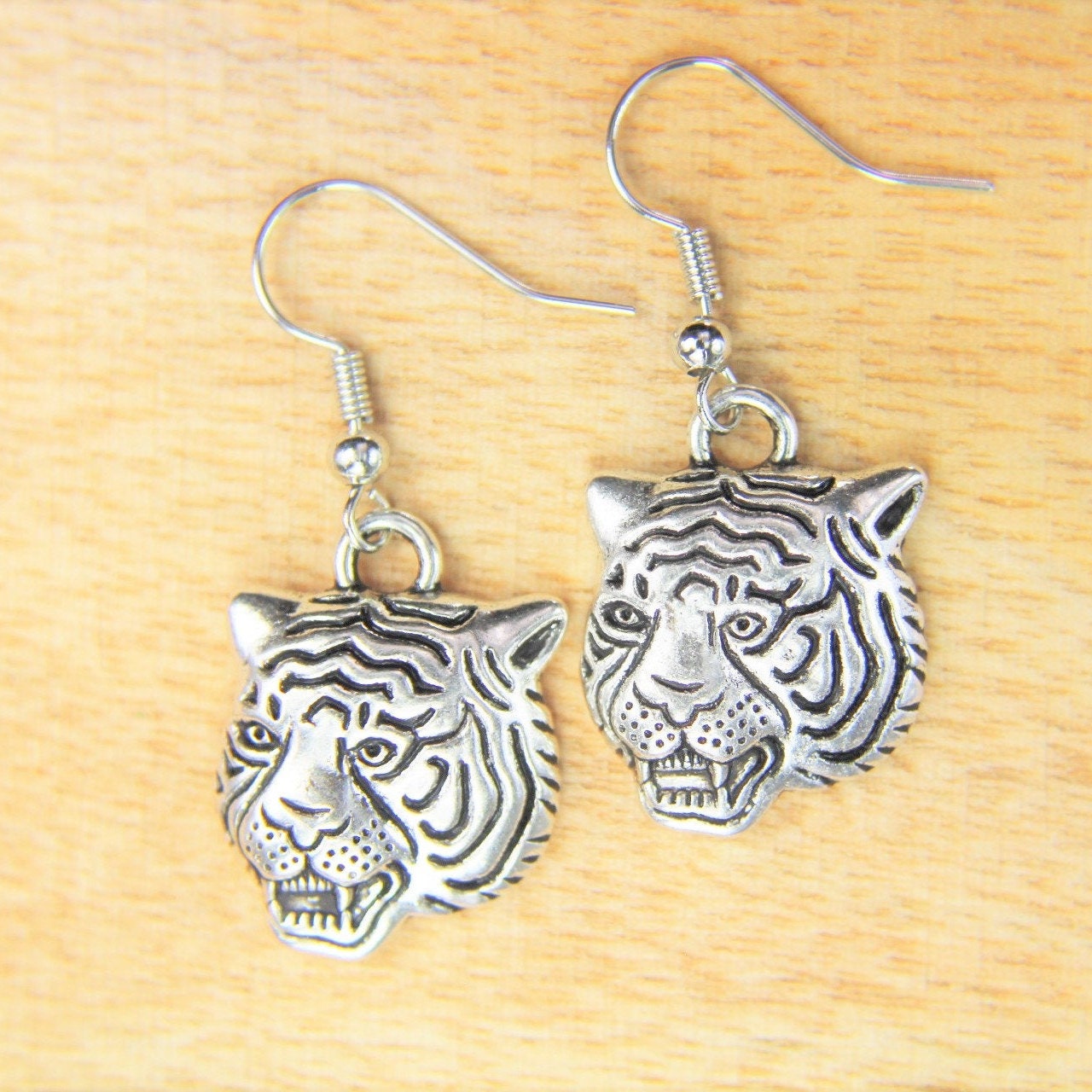Silver Tiger Head Charm Earrings Tiger Head Charm Tiger Head | Etsy