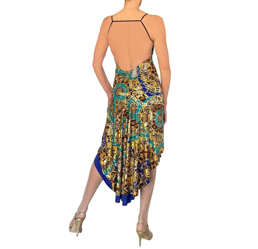 Blue + Turquoise Gold Mandala Reversible Tango Dress. Fishtail Tango ...