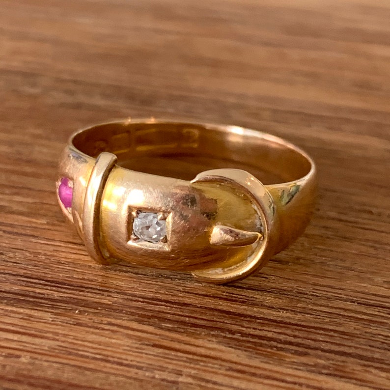 Antique Ruby Diamond 15K Gold Buckle Ring Chester 1888 | Etsy
