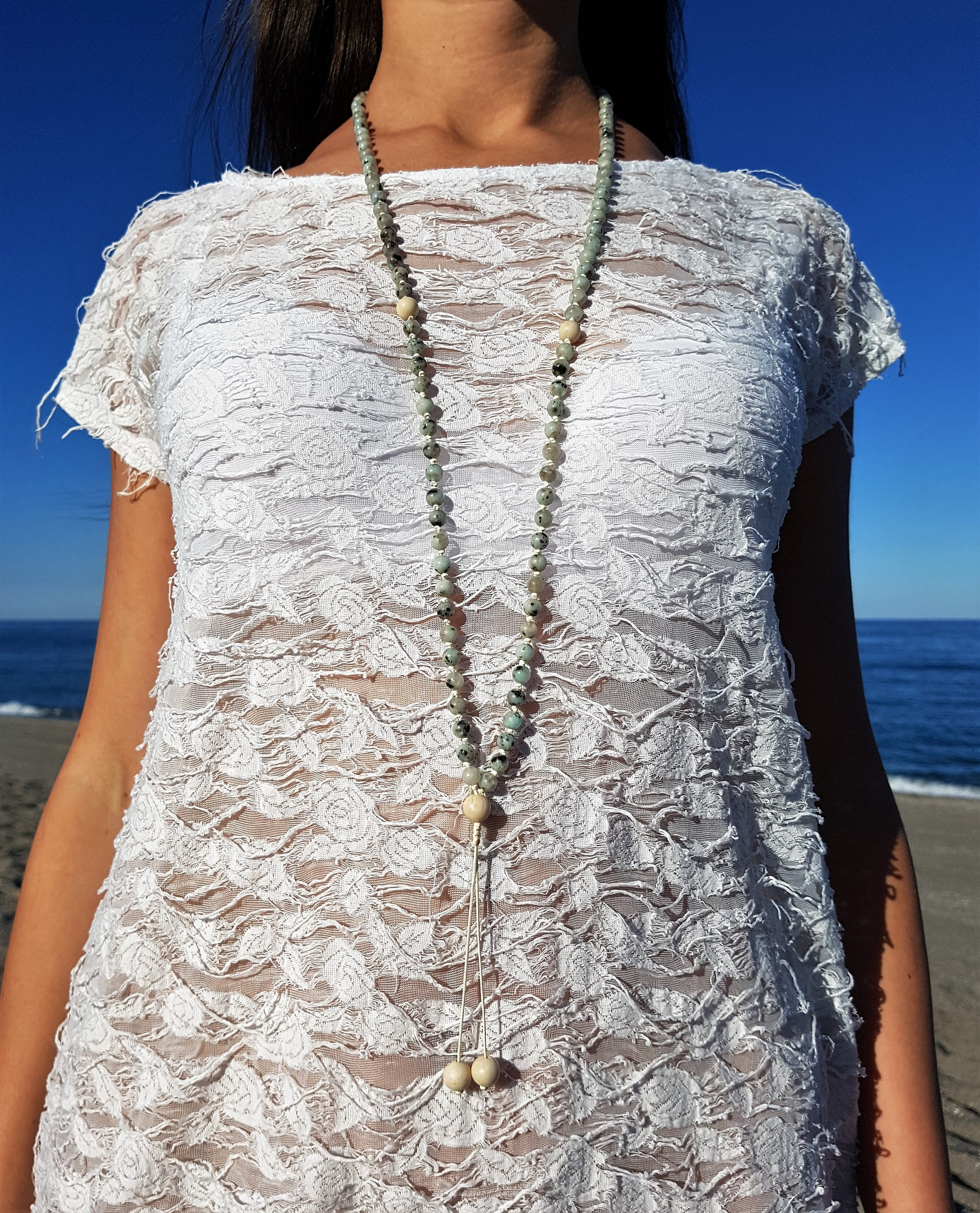 Kiwi Jasper Mala, Fossil Mala, 108 Mala, 108 Mala Bracelet, Beige Mala ...