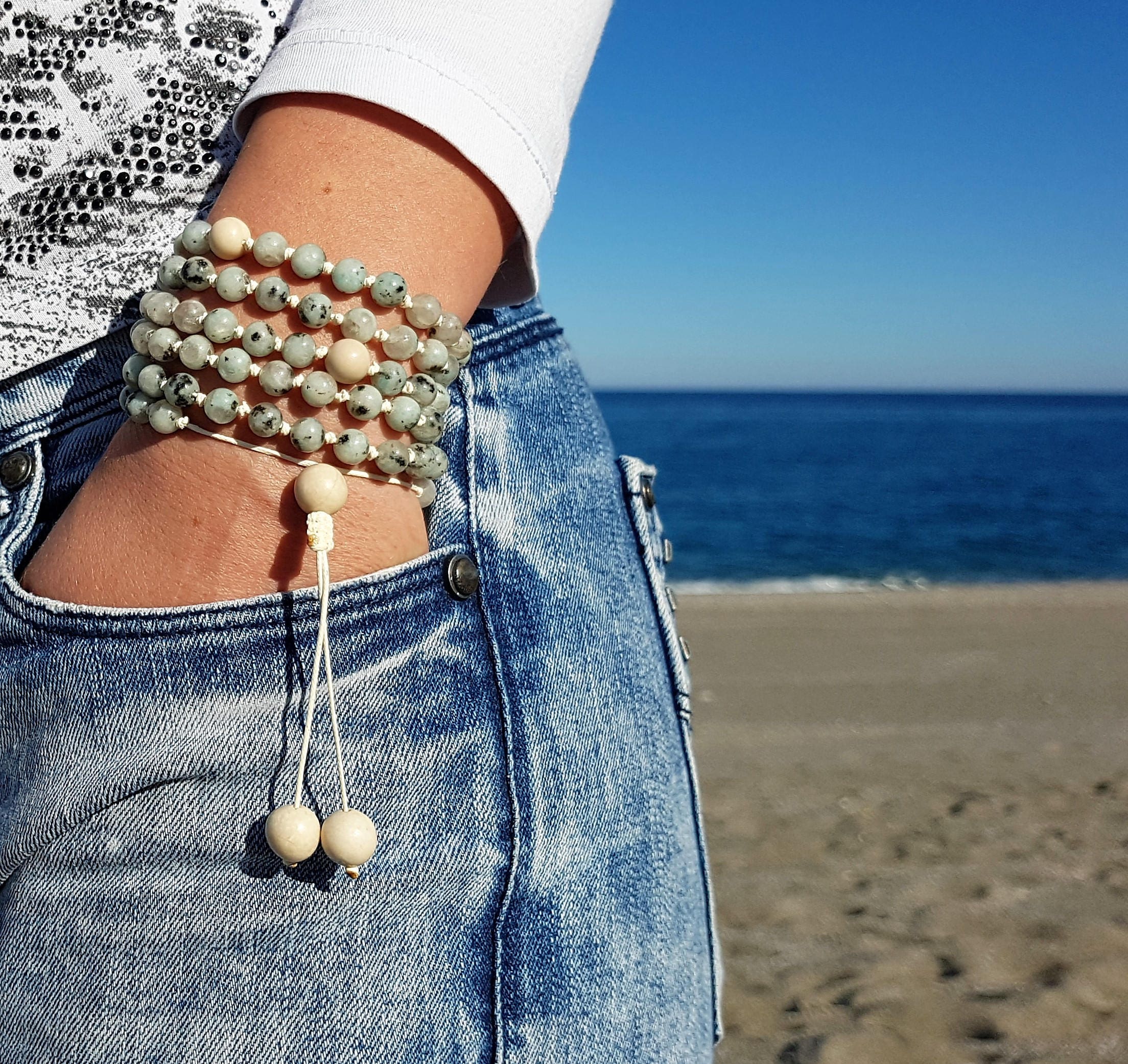 Kiwi Jasper Mala, Fossil Mala, 108 Mala, 108 Mala Bracelet, Beige Mala ...