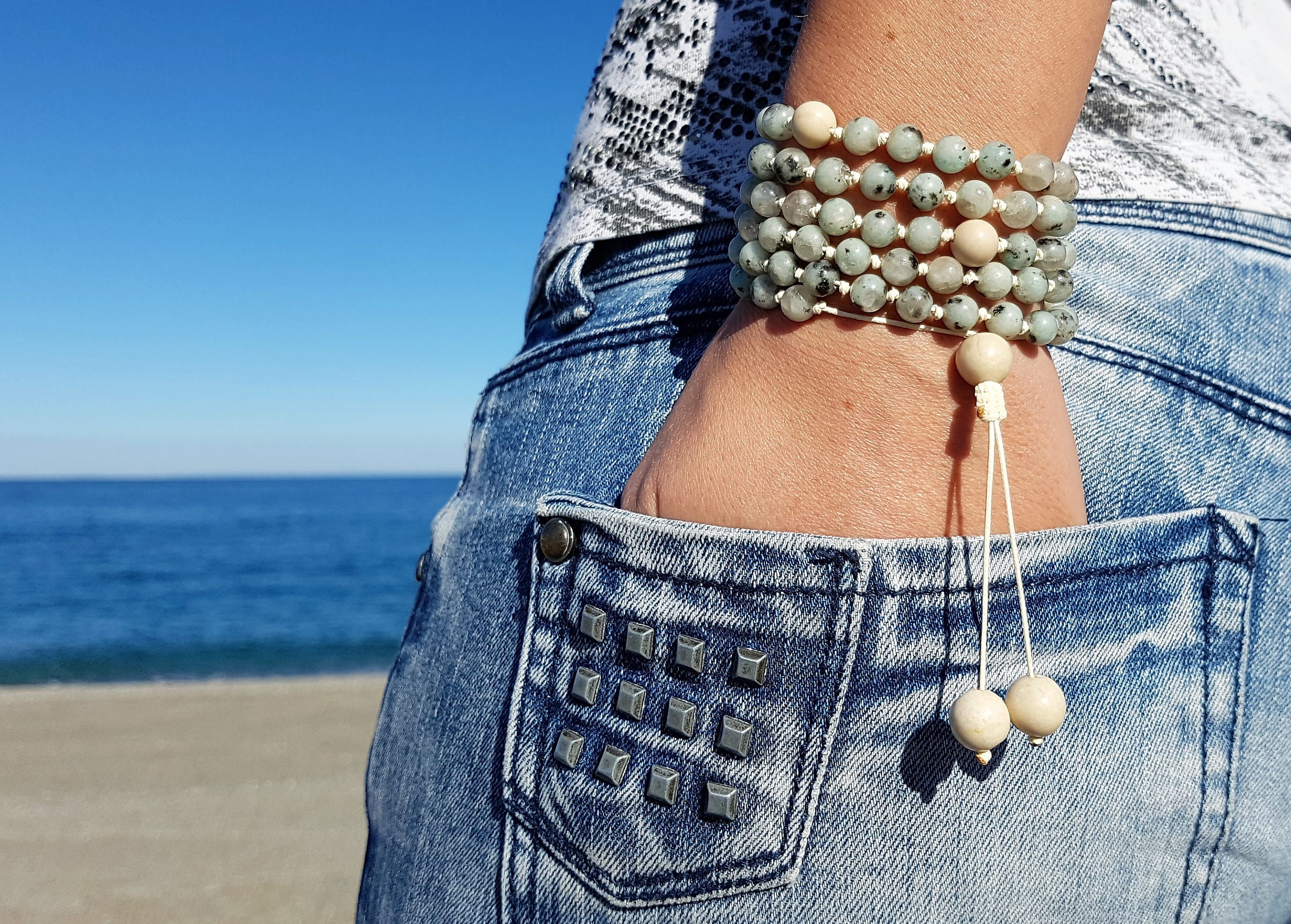 Kiwi Jasper Mala, Fossil Mala, 108 Mala, 108 Mala Bracelet, Beige Mala ...