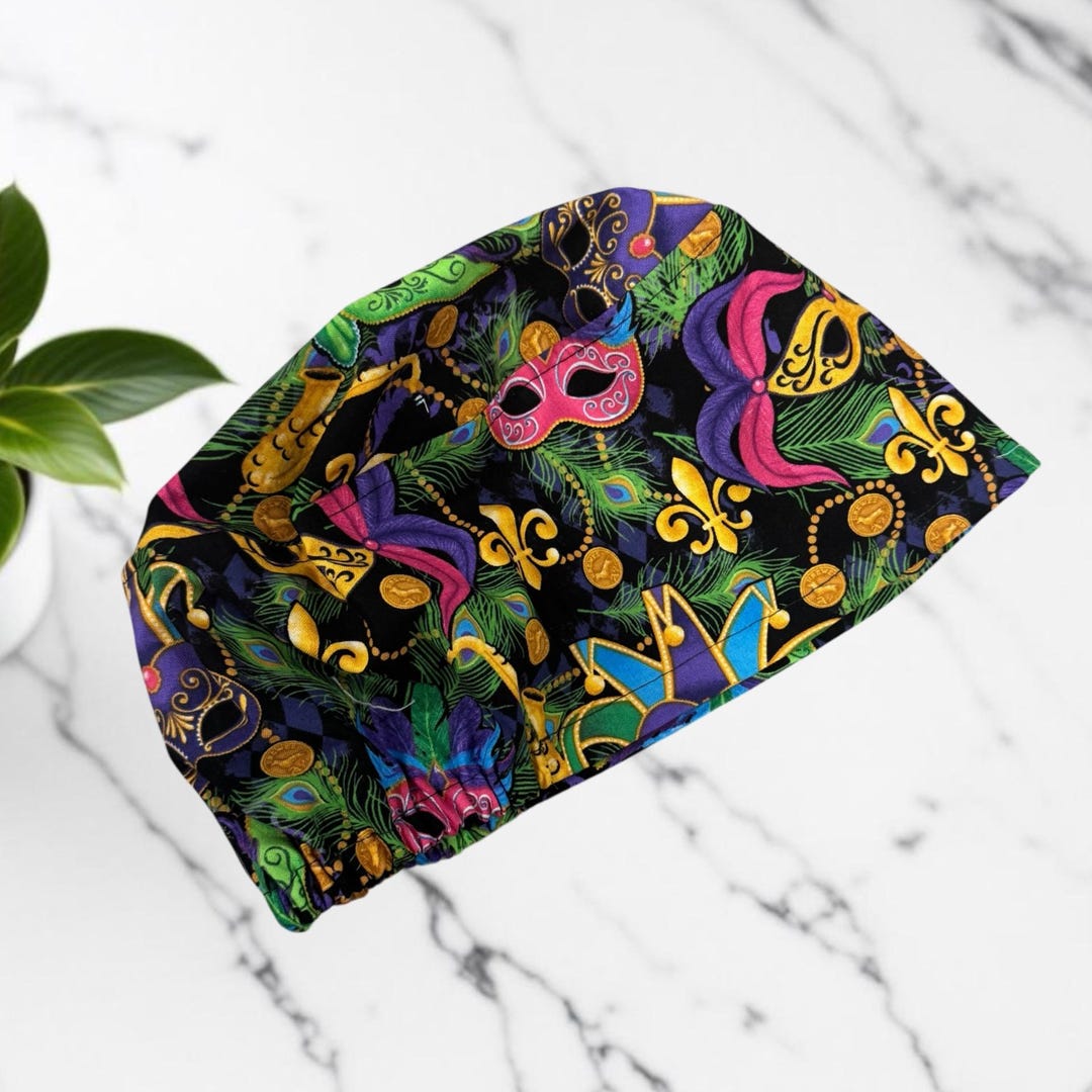 Mardi Gras Scrub Cap • Carnival Mask Fleur De Lis, Adjustable Cotton - Etsy