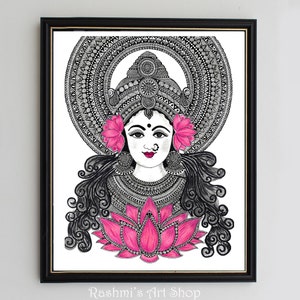Hindu Goddess Lakshmi Art Print, Lakshmi With Lotus Wall Decor - Etsy