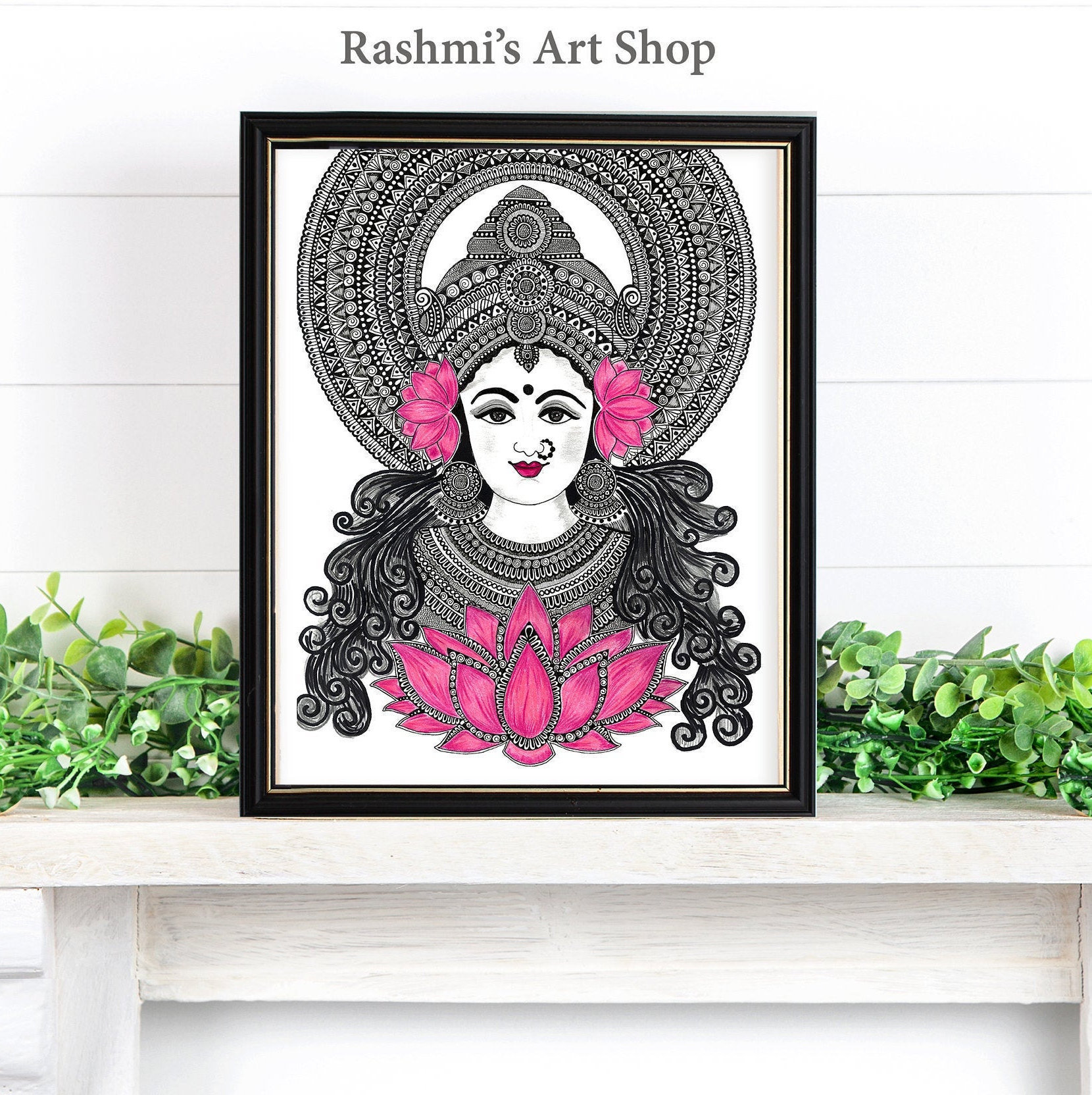 Hindu Goddess Lakshmi Art Print Lakshmi With Lotus Wall Decor - Etsy