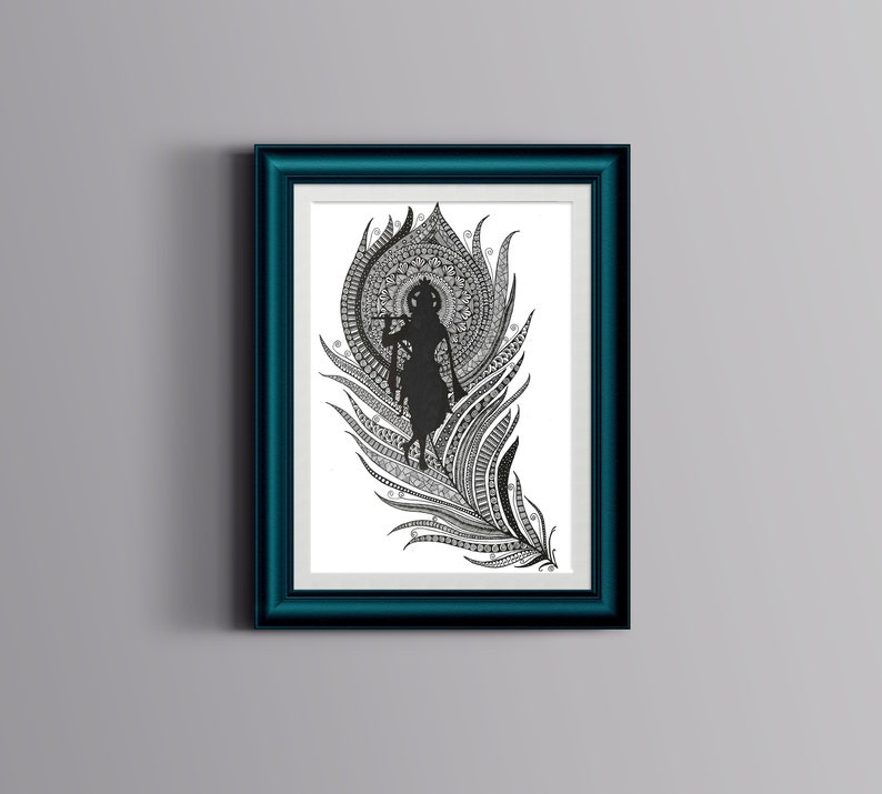 Lord Krishna Art Krishna on Peacock Feather Art Hindu Home - Etsy India