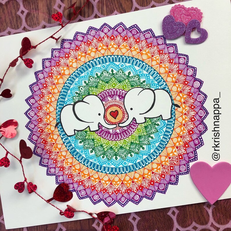 Baby elephant pair colorful mandala art print | Etsy