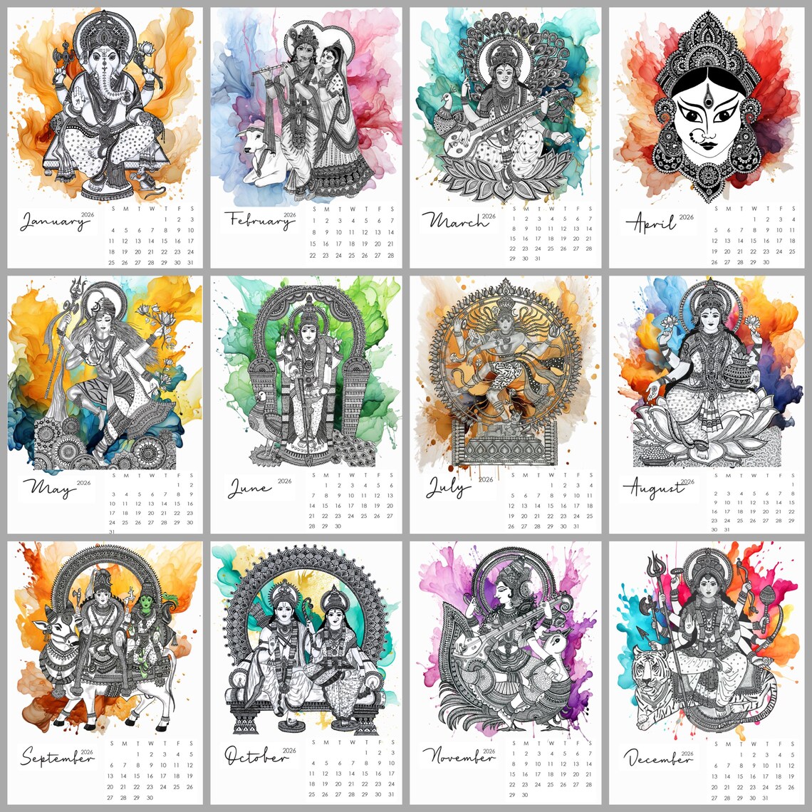 2026 Calendar , Gods and Goddesses of India, Deities of Hinduism, 5x7 ...