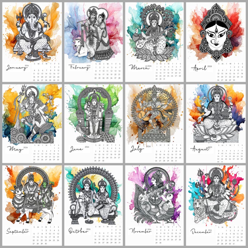 2026 Calendar , Gods and Goddesses of India, Deities of Hinduism, 5x7 ...