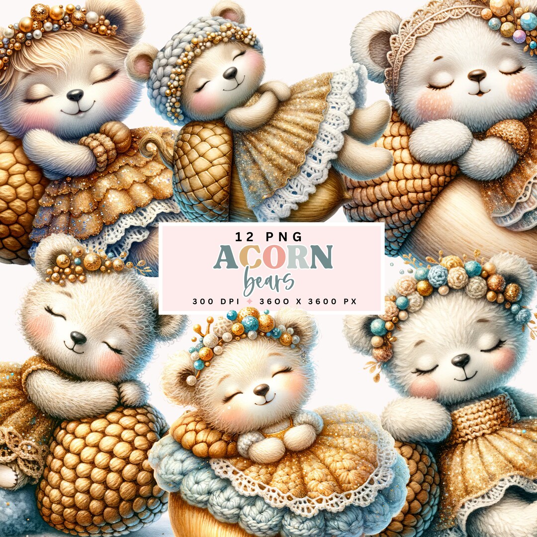 Cute Autumn Acorn Bears Clipart, Digital Download, Baby Animals PNG ...
