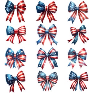 12 Patriotic Bow Clipart Pngs, Watercolor American Flag Bows, Digital ...