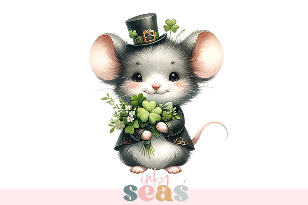 St. Patrick's Day Clipart, Cute Mouse Digital PNG, Top Hat Illustration ...