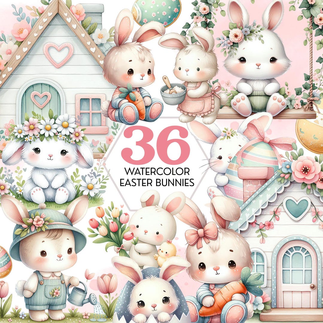 Cute Watercolor Easter Bunny Clipart Set, 36 Adorable Bunny Graphics ...