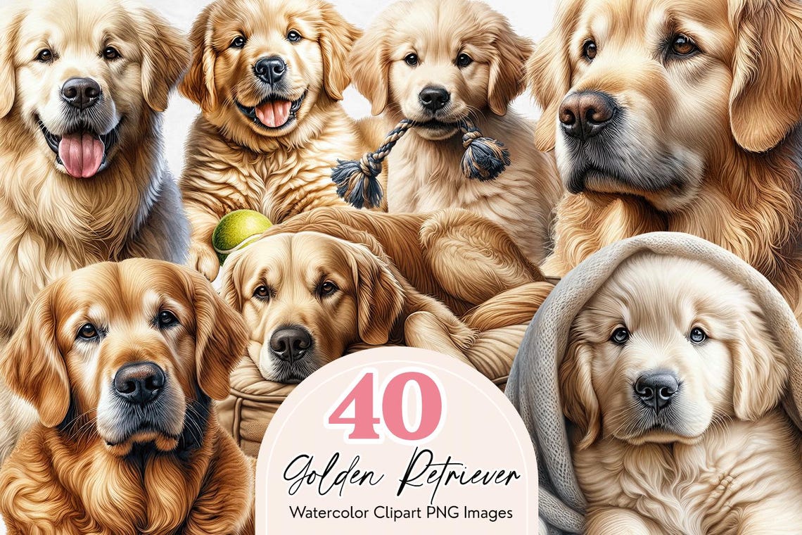 Watercolor Golden Retriever Clipart Bundle: 40 Dog PNG Images (digital ...