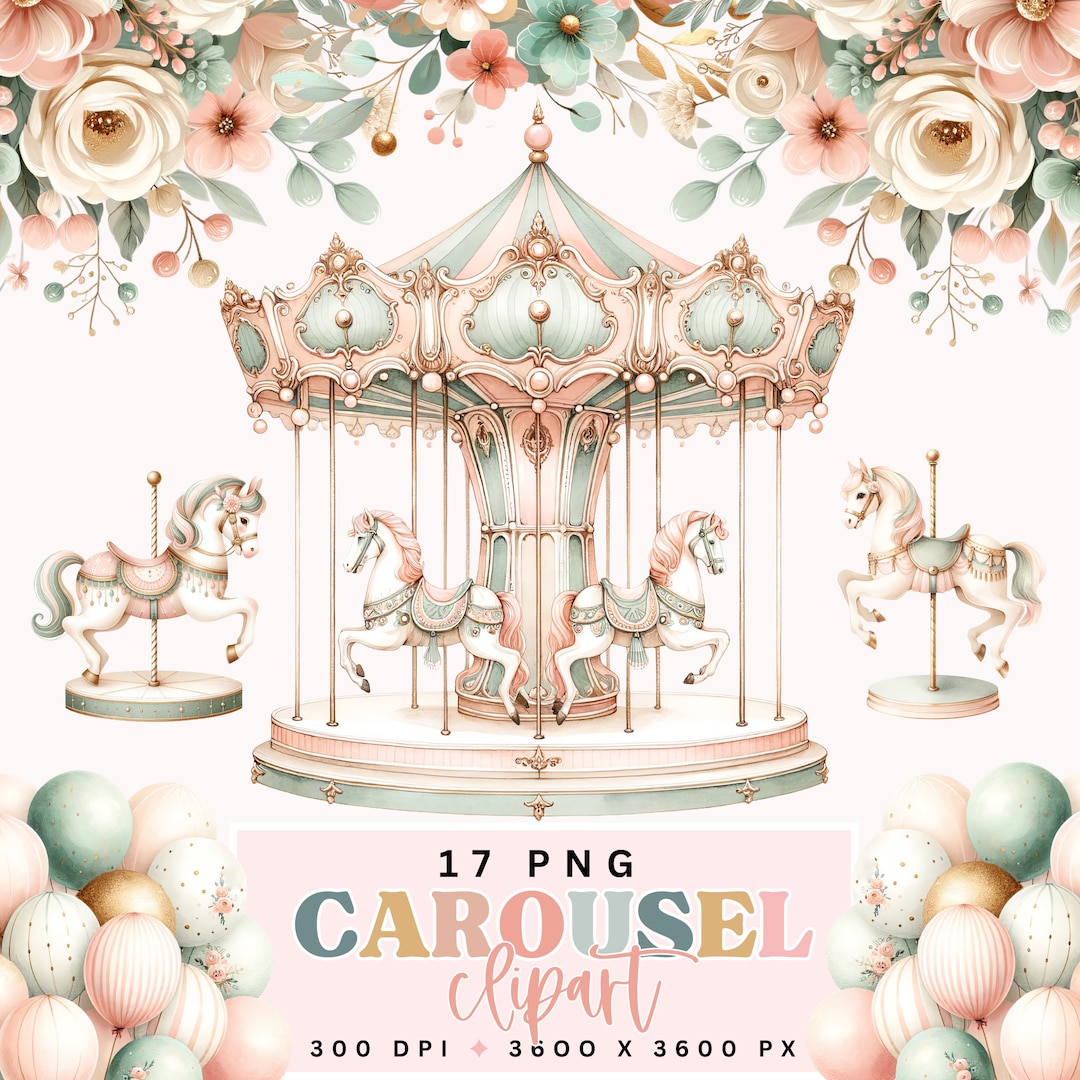 Vintage Carousel Clipart Set: Pastel Pink, Mint & Gold (digital ...