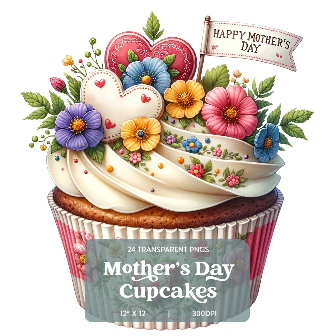 Mother's Day Cupcake Clipart Bundle, 24 Digital PNG, Floral Cupcake ...