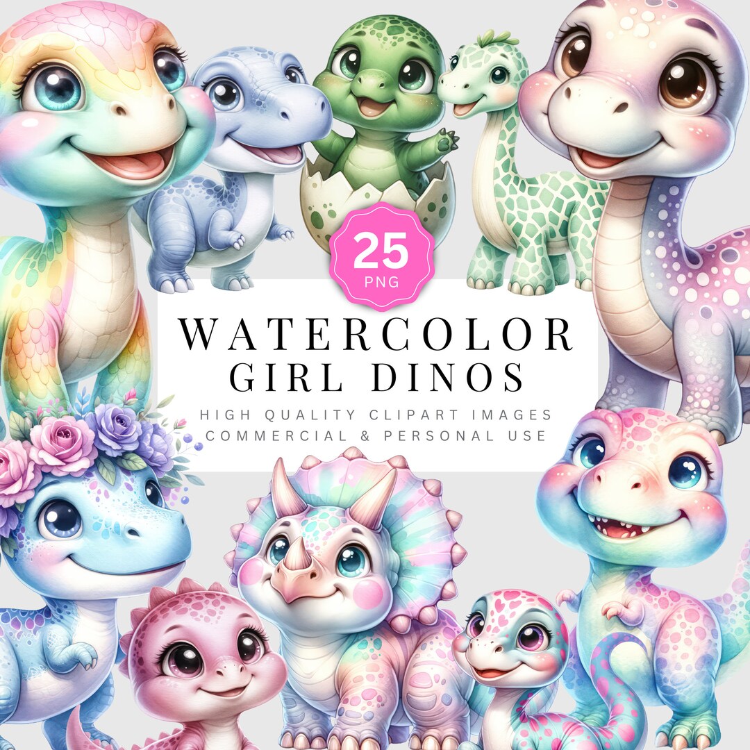 Watercolor Girl Dino Clipart Bundle, Cute Dinosaur Digital Download ...