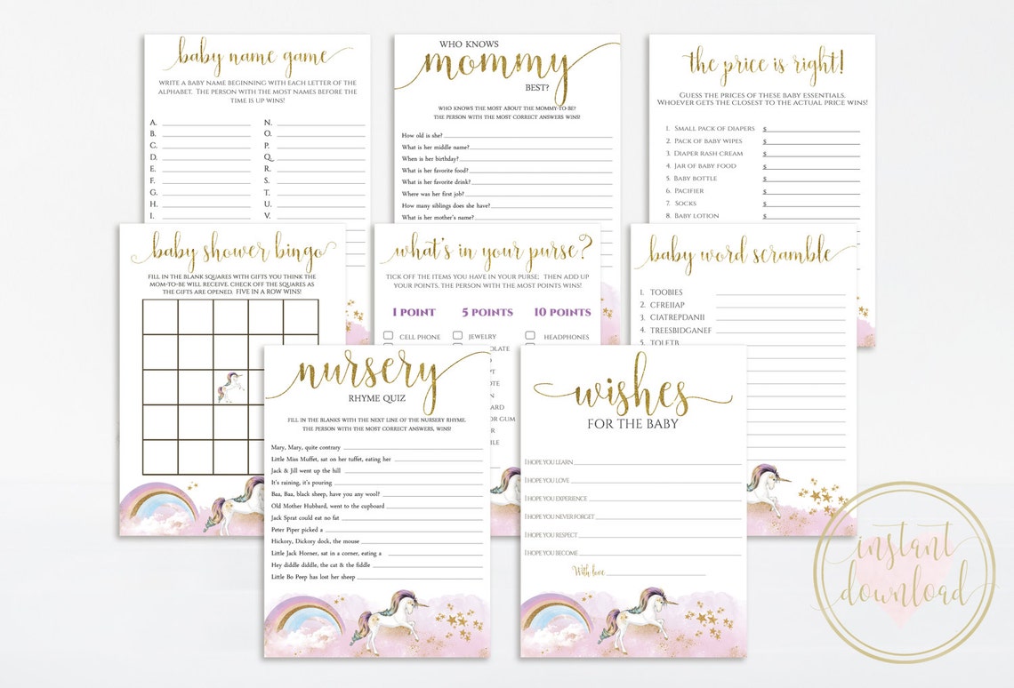 Unicorn Baby Shower Game Bundle Printable Games Baby Shower - Etsy ...
