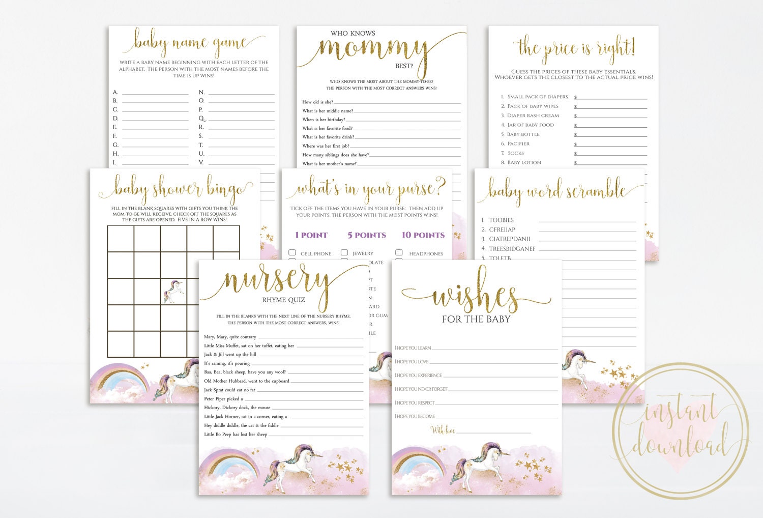 Unicorn Baby Shower Game Bundle Printable Games Baby Shower - Etsy ...