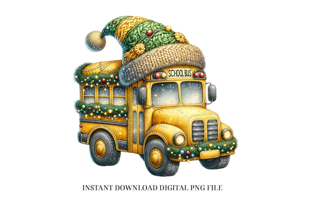 Bus Driver Christmas PNG, Whimsical Yellow School Bus Png, Santa Hat ...