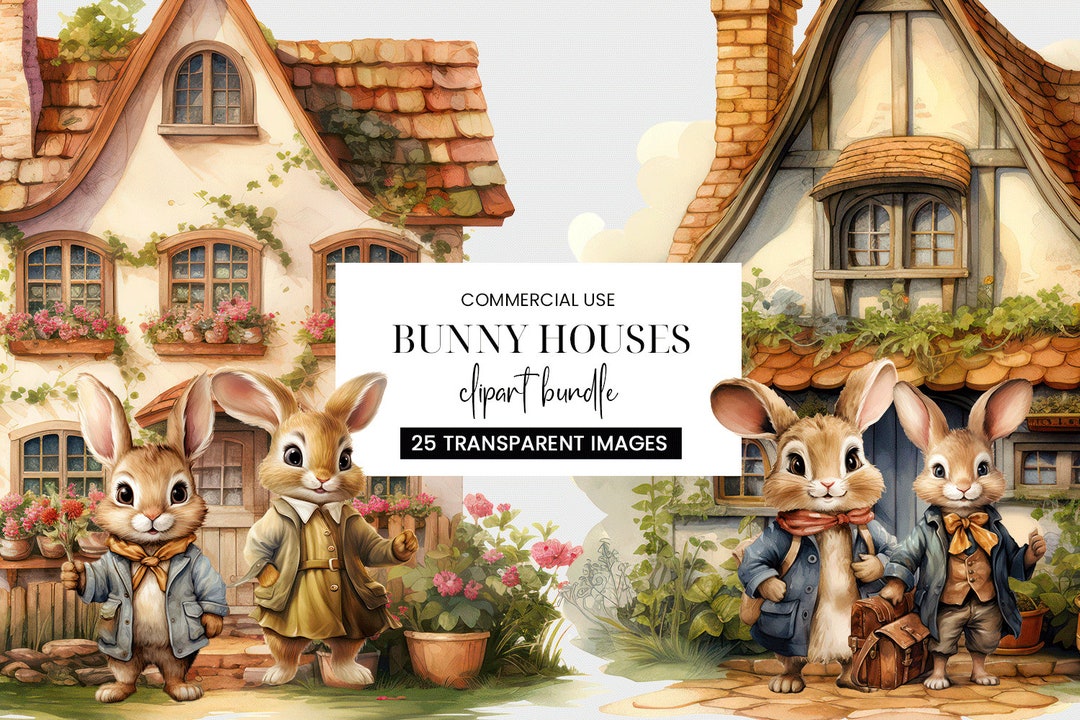 Watercolor Bunny House Clipart, Whimsical Bunny Rabbit Clipart ...
