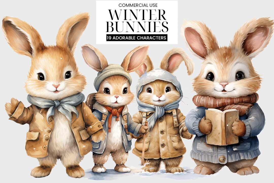 Winter Bunny Clipart, Watercolor Bunny Clipart, Woodland Animals ...