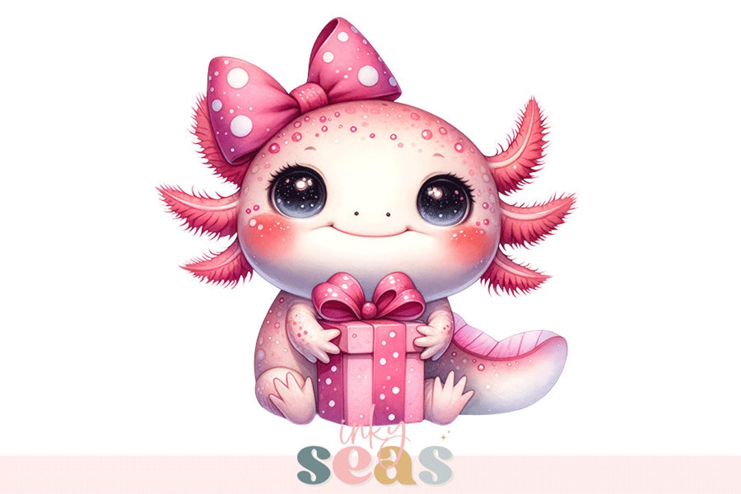 Axolotl Birthday Clipart, Cute Axolotl Clipart, Pink Bow and Gift ...
