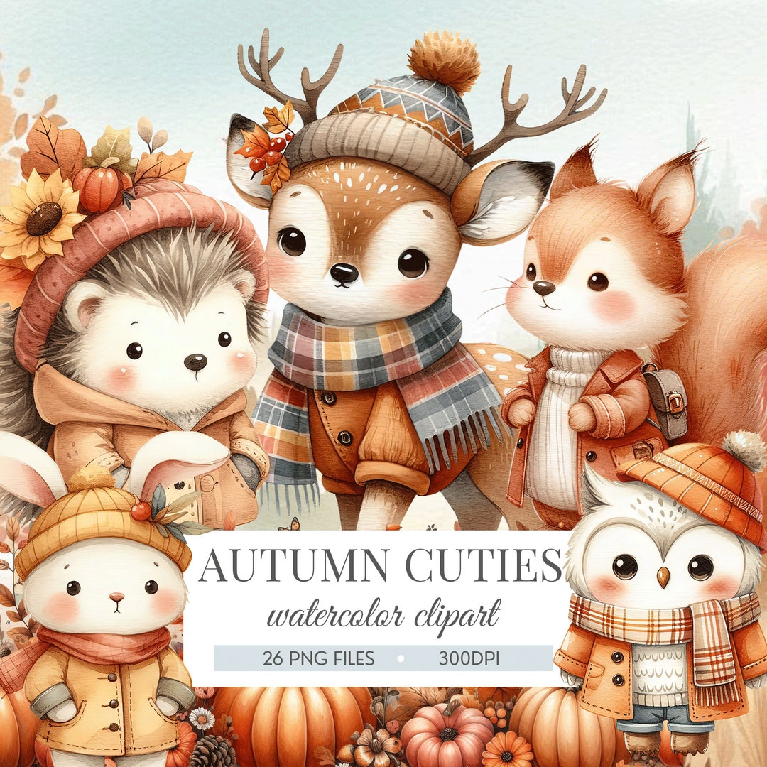 Autumn Watercolor Animals Clipart, Fall Forest Digital Art Set, Cozy ...