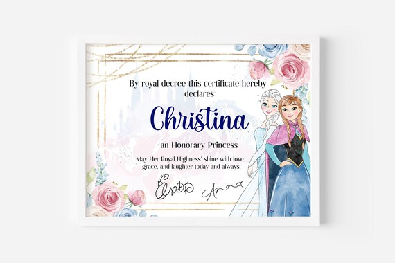 Ice Princess Certificate, Editable Frozen Printable Honorary Princess ...