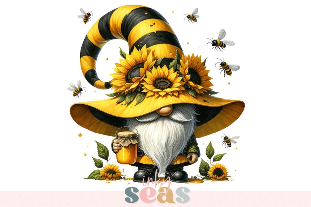 Honey Bee Gnome Clipart, Sunflower & Stripes Gnome PNG, 300 DPI, 12x12 ...