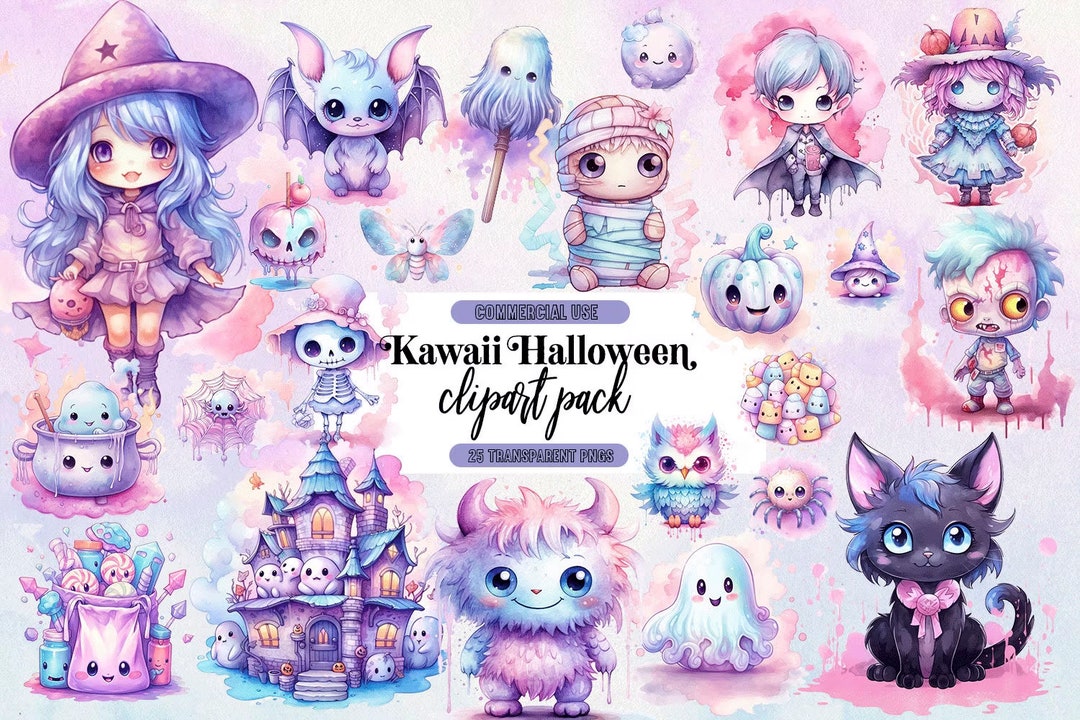 Kawaii Halloween Pastel Clip Art Bundle, Cute Halloween Printable Pngs ...