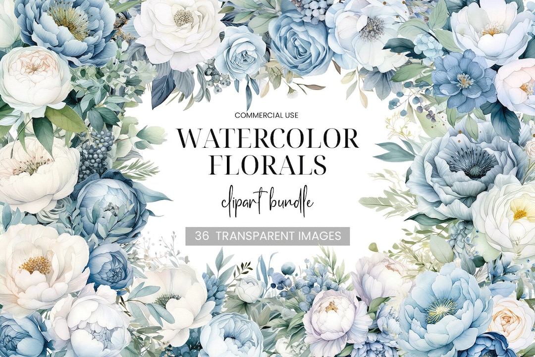Blue and White Floral Clipart, 30 Assorted Watercolor Bouquets, Wreaths ...