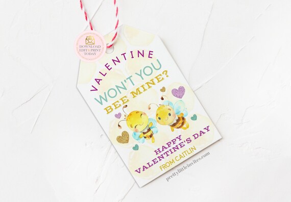 Bee Mine Valentines Day Gift Tags, Printable & Editable Kids School Tag ...