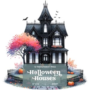 Halloween Digital Clipart, Spooky Haunted House, Autumn Pumpkins, Bats ...