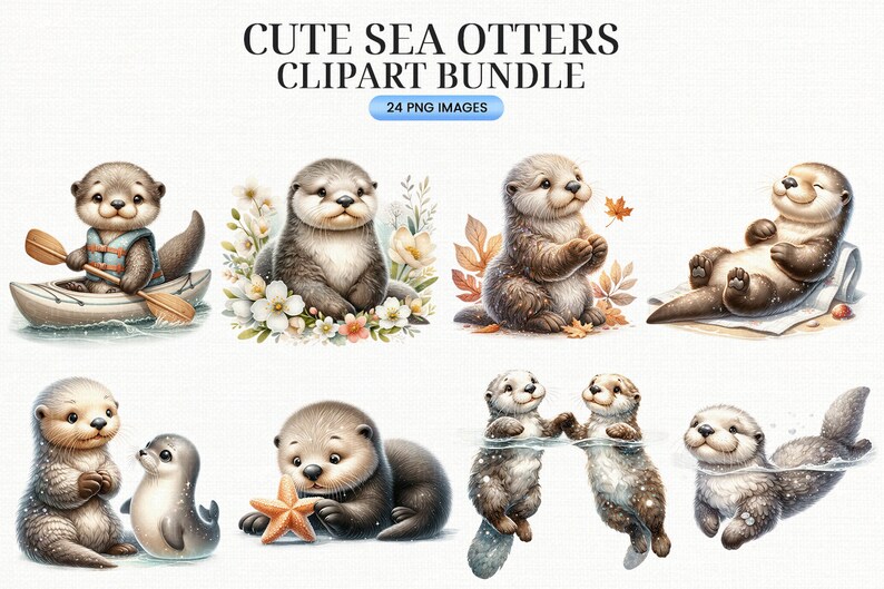 Sea Otters Clipart Bundle Digital PNG Images Instant Download Cute ...