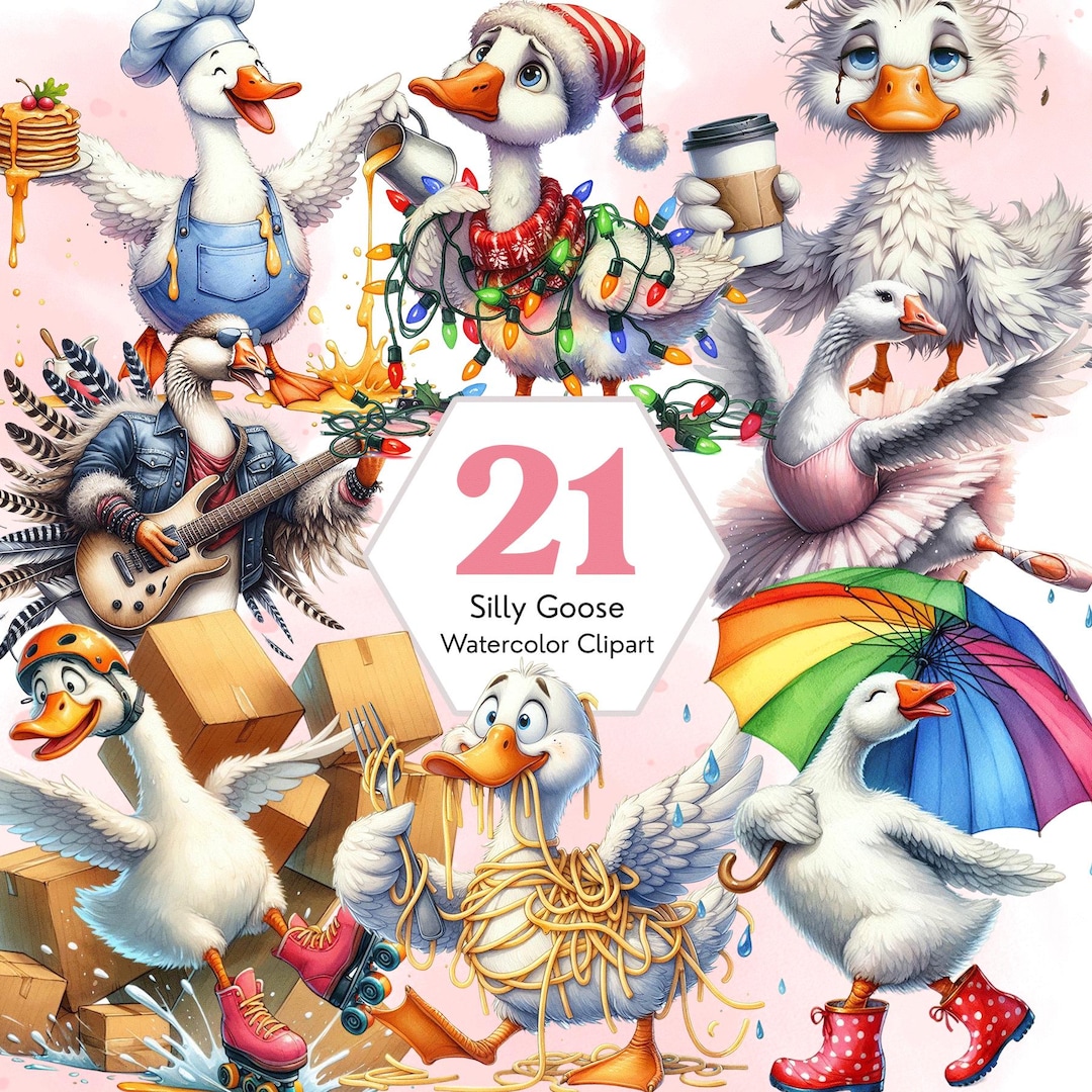 Silly Goose Clipart Set, Cute Goose Illustrations, Watercolor PNG ...
