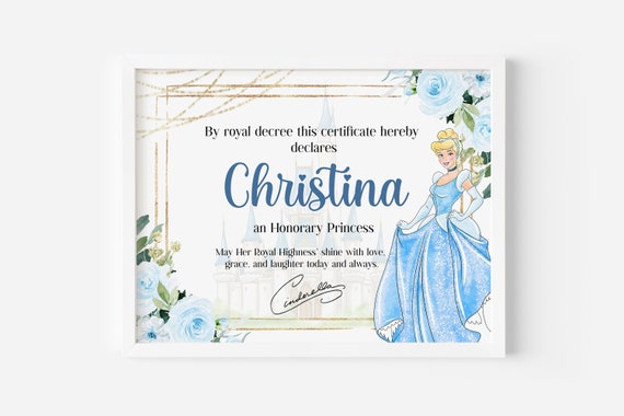 Cinderella Princess Certificate, Editable and Printable Honorary ...