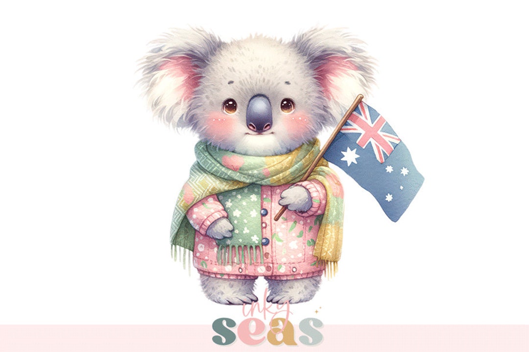 Australian Koala Clipart, Cute Koala With Flag Illustration, Digital ...