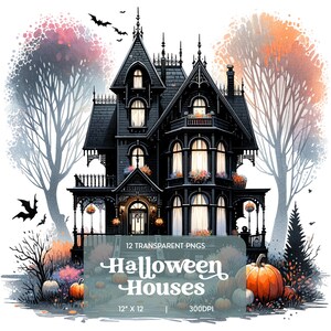 Halloween Digital Clipart, Spooky Haunted House, Autumn Pumpkins, Bats ...