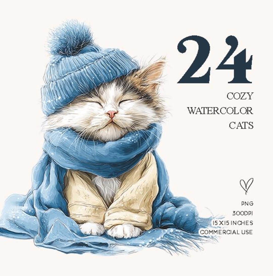 24 Cozy Watercolor Cats Clipart PNG Set – Winter Cats, Hygge Animal Art ...
