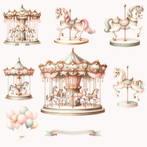 Vintage Carousel Clipart Set, Blush Pink Mint Green & Gold Pastel Merry ...