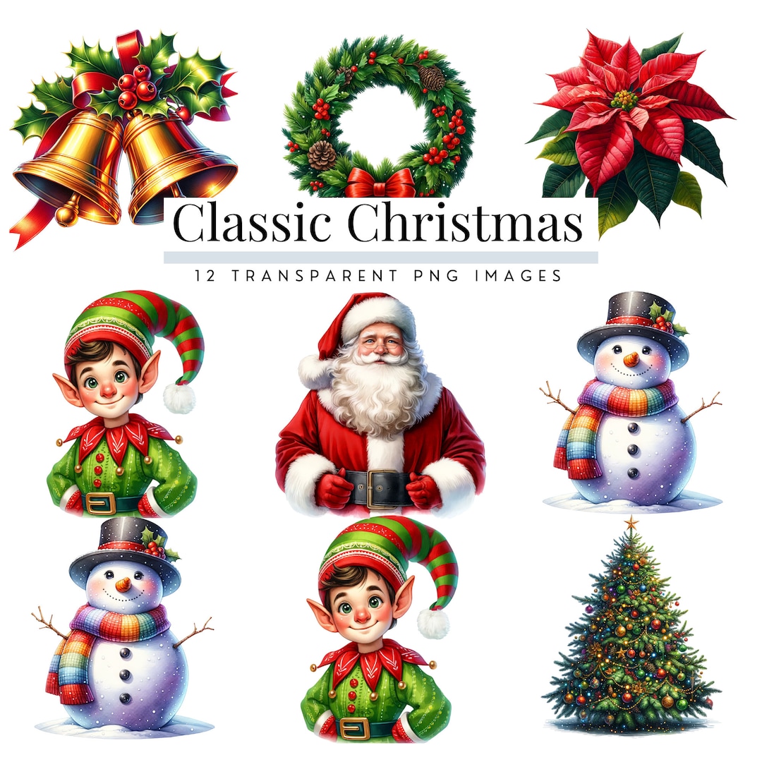 Classic Christmas Clipart Pack, Santa, Snowman, Elf, Holiday PNG Images ...
