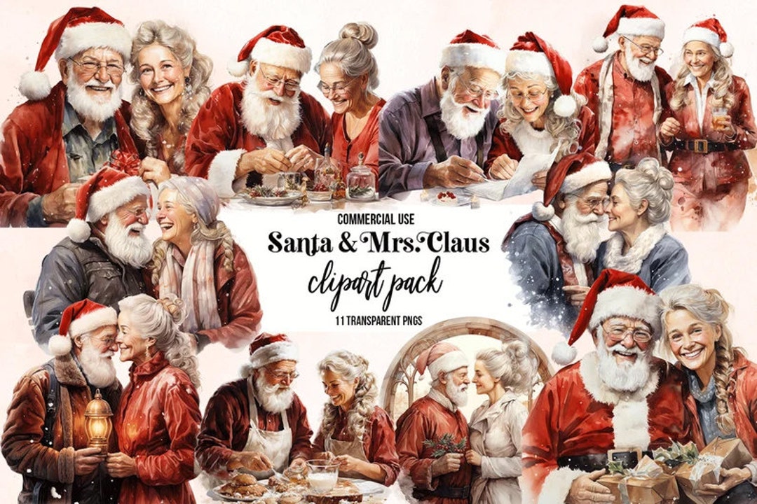 Santa & Mrs Claus Clipart Bundle, Watercolor Christmas Clip Art ...