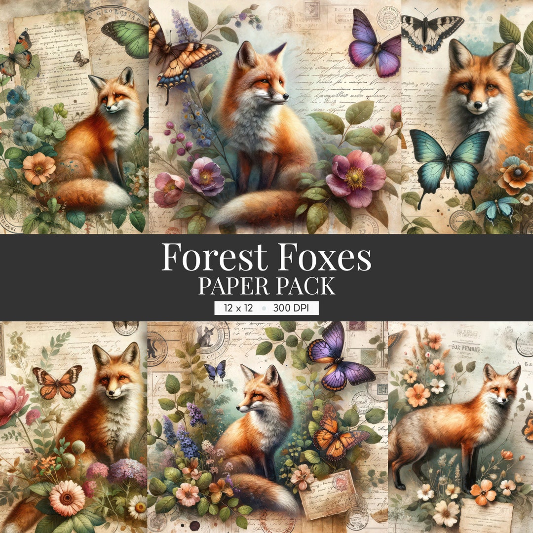 Vintage Fox and Butterfly Digital Papers, Floral Nature Inspired ...