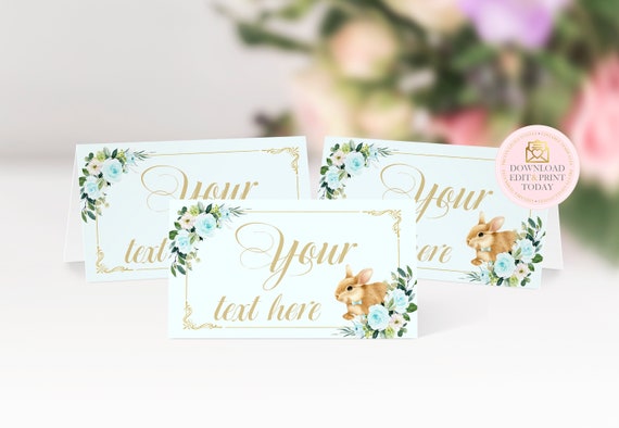 Blue Bunny Rabbit Food Labels, Printable Easter Place Cards, Bunny Baby ...