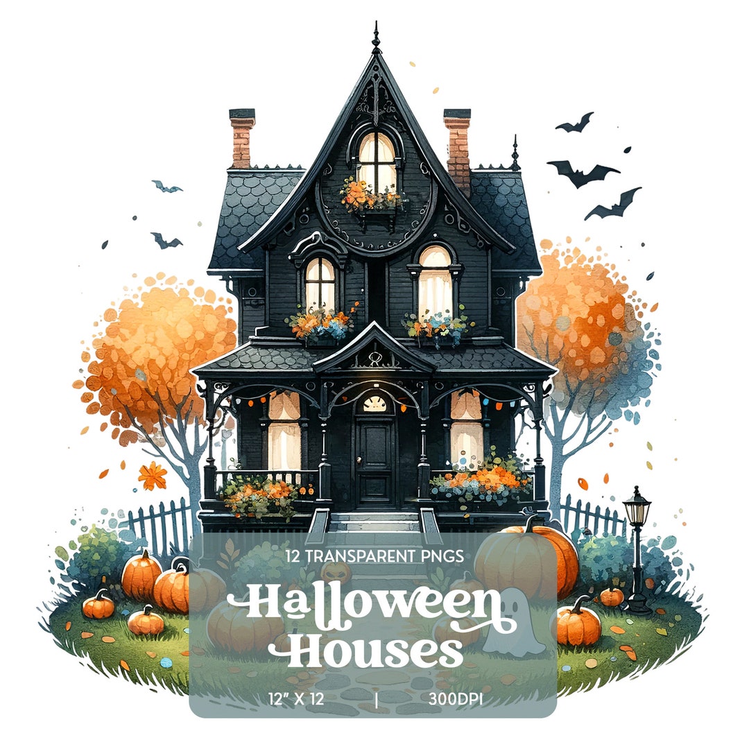 Halloween Digital Clipart, Spooky Haunted House, Autumn Pumpkins, Bats ...