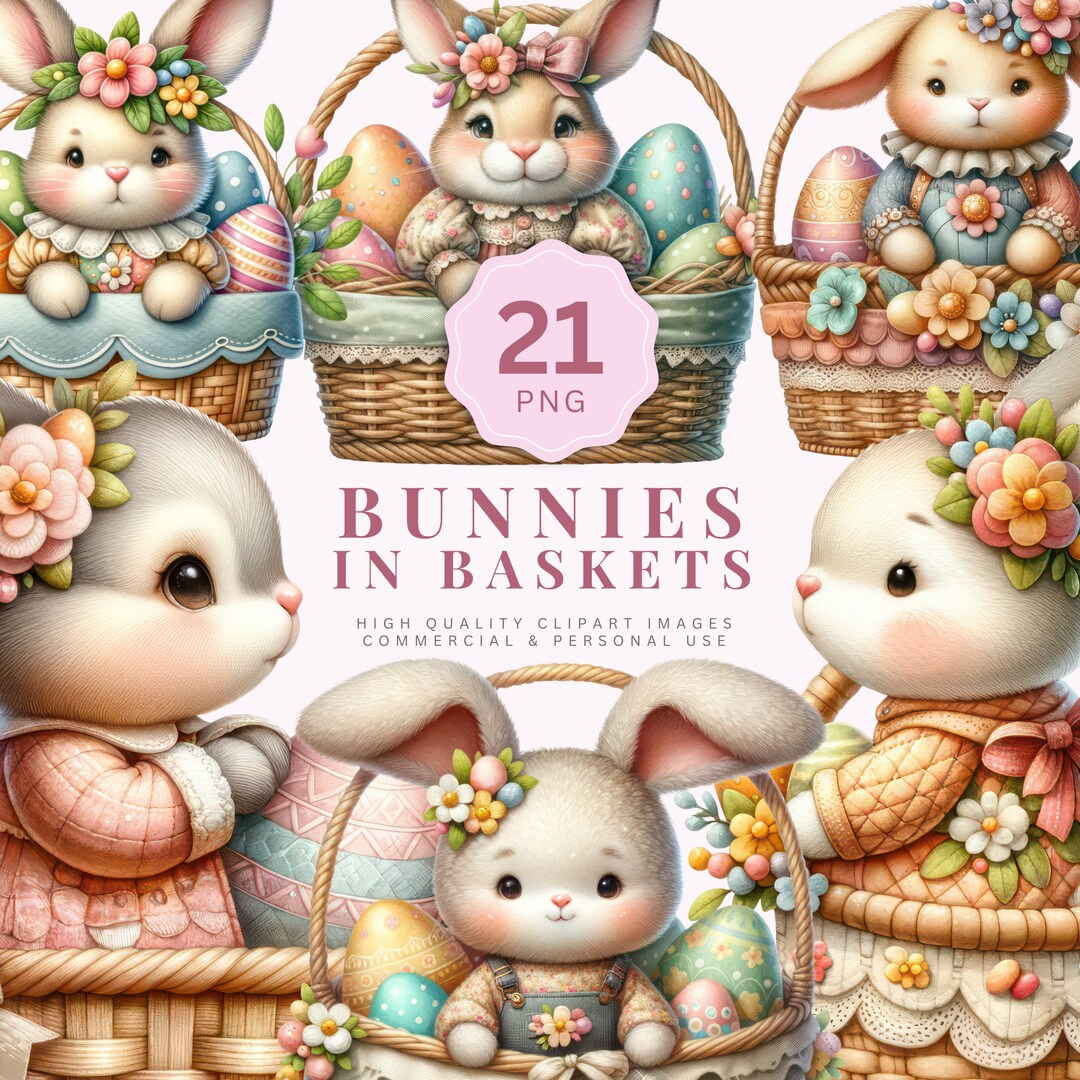 Easter Clipart, Spring Bunnies in Baskets, Cute Rabbit Digital PNG ...