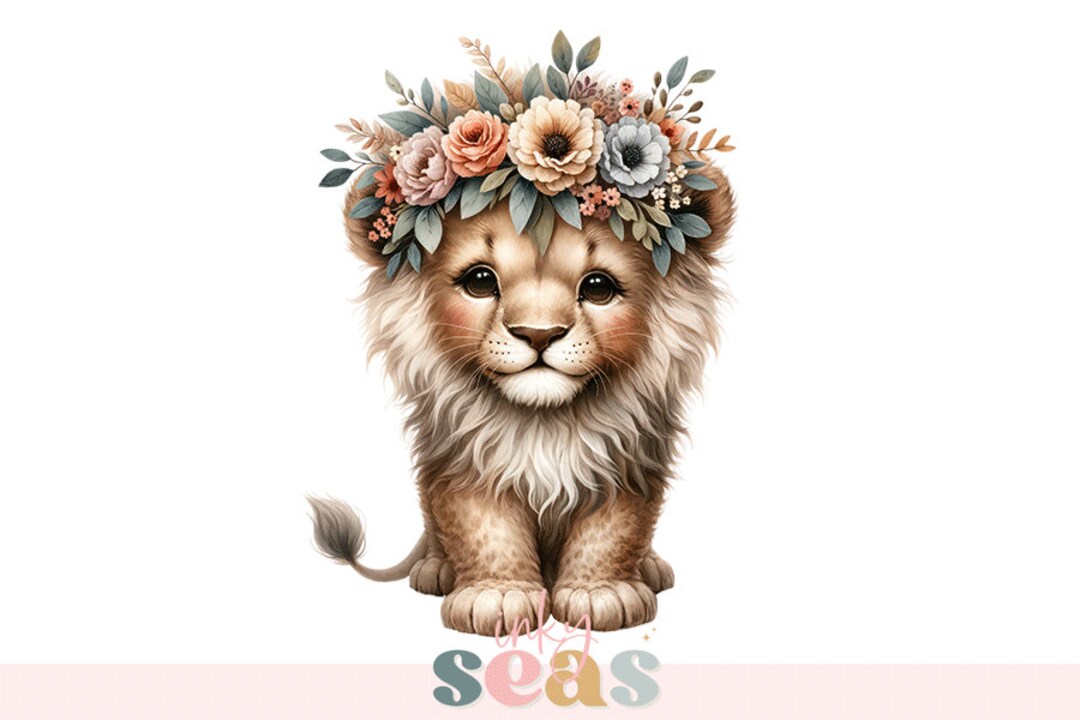 Boho Lion Clipart With Floral Crown, Digital Download, Nursery Wall Art ...