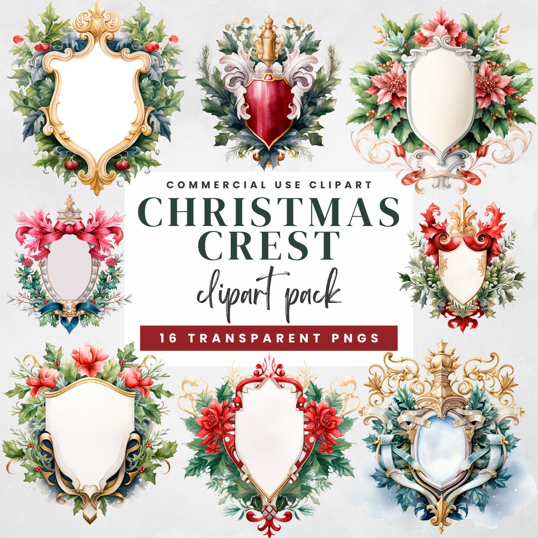 Watercolor Christmas Crest Clipart, Crest Emblem Illustrations ...