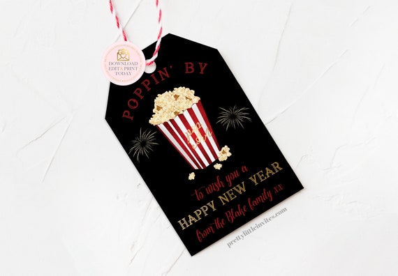 New Years Eve Popcorn Gift Tag Printable, DIY Editable Holiday Favor ...